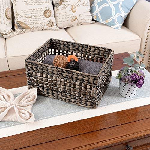 Villacera Rectangle Hand Weaved Wicker Baskets made of Water Hyacinth | Nesting Black Seagrass Bins | Set of 2