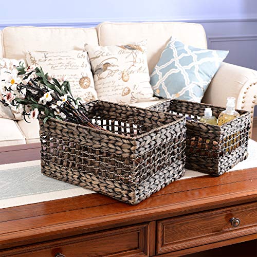 Villacera Rectangle Hand Weaved Wicker Baskets made of Water Hyacinth | Nesting Black Seagrass Bins | Set of 2