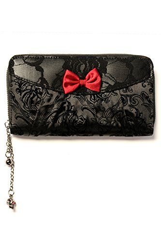 Lost Queen Victorian Gothic Princess Velvet Skull Flocked with Bows Zip Around Wallet
