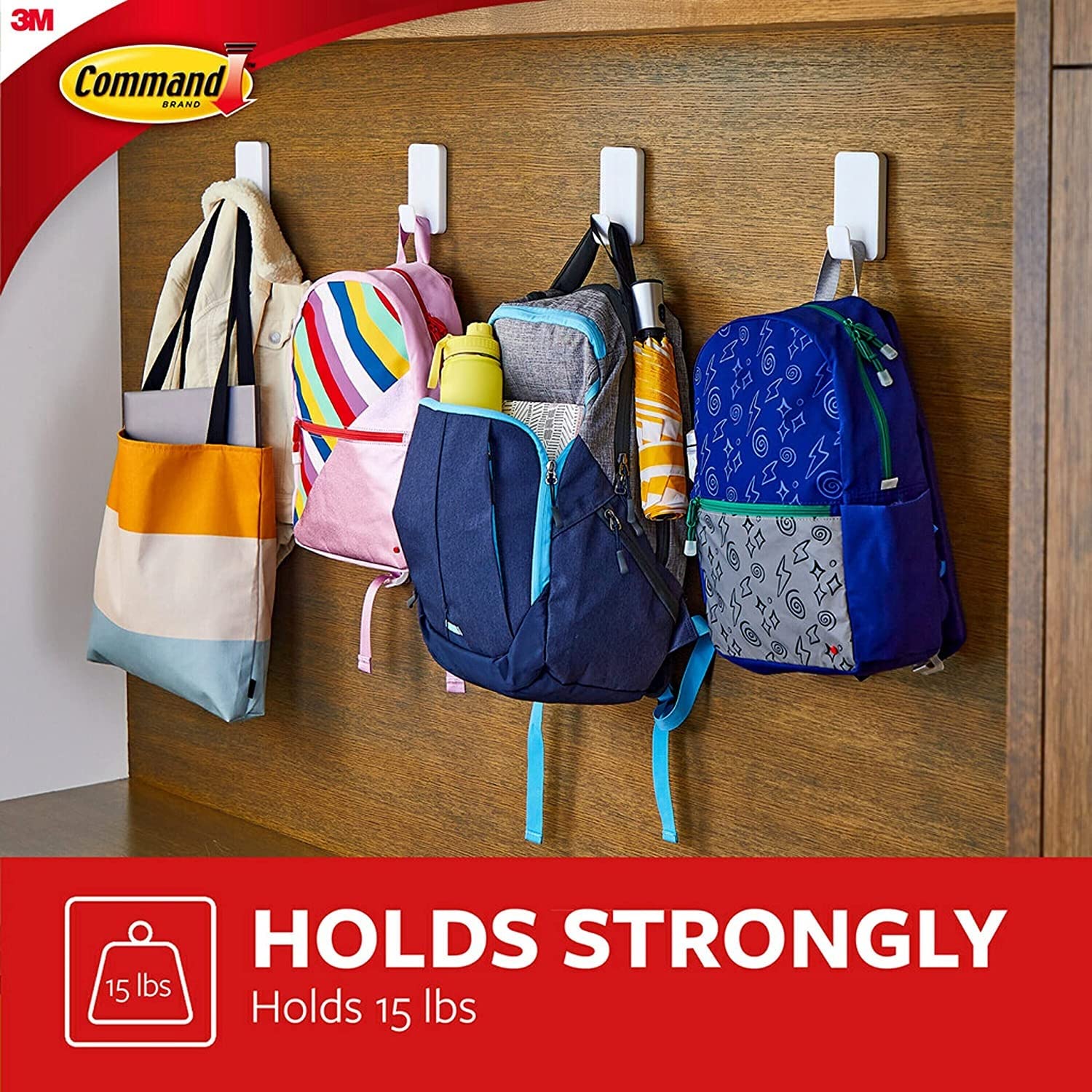 Command 15 Lb XL Heavyweight Wall Hook, Damage Free Hanging Wall Hook with Adhesive Strips, Heavy Duty Single Wall Hook for Hanging Back to School Organizers, 2 White Hooks and 8 Command Strips