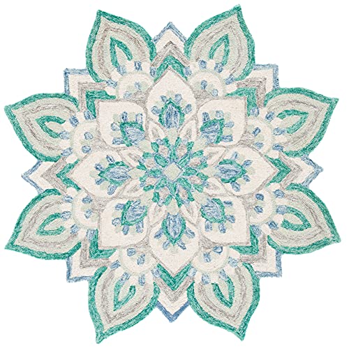 Safavieh Novelty Collection 4' Round Blue/Ivory NOV105M Handmade Boho Flower Premium Wool Area Rug