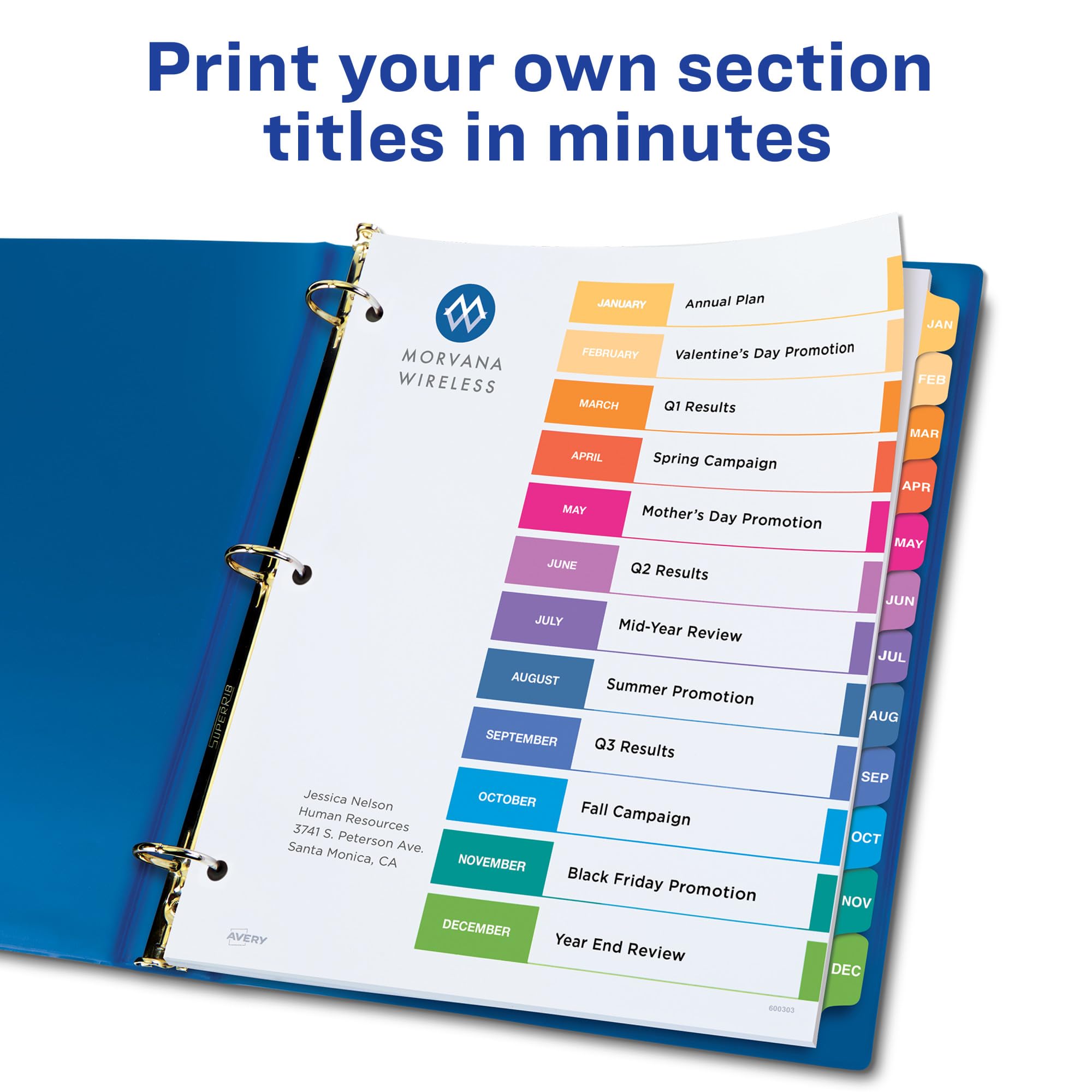 Avery Jan-Dec 12 Tab Dividers for 3 Ring Binders, Customizable Table of Contents, Multicolor Tabs, 1 Set (11127)