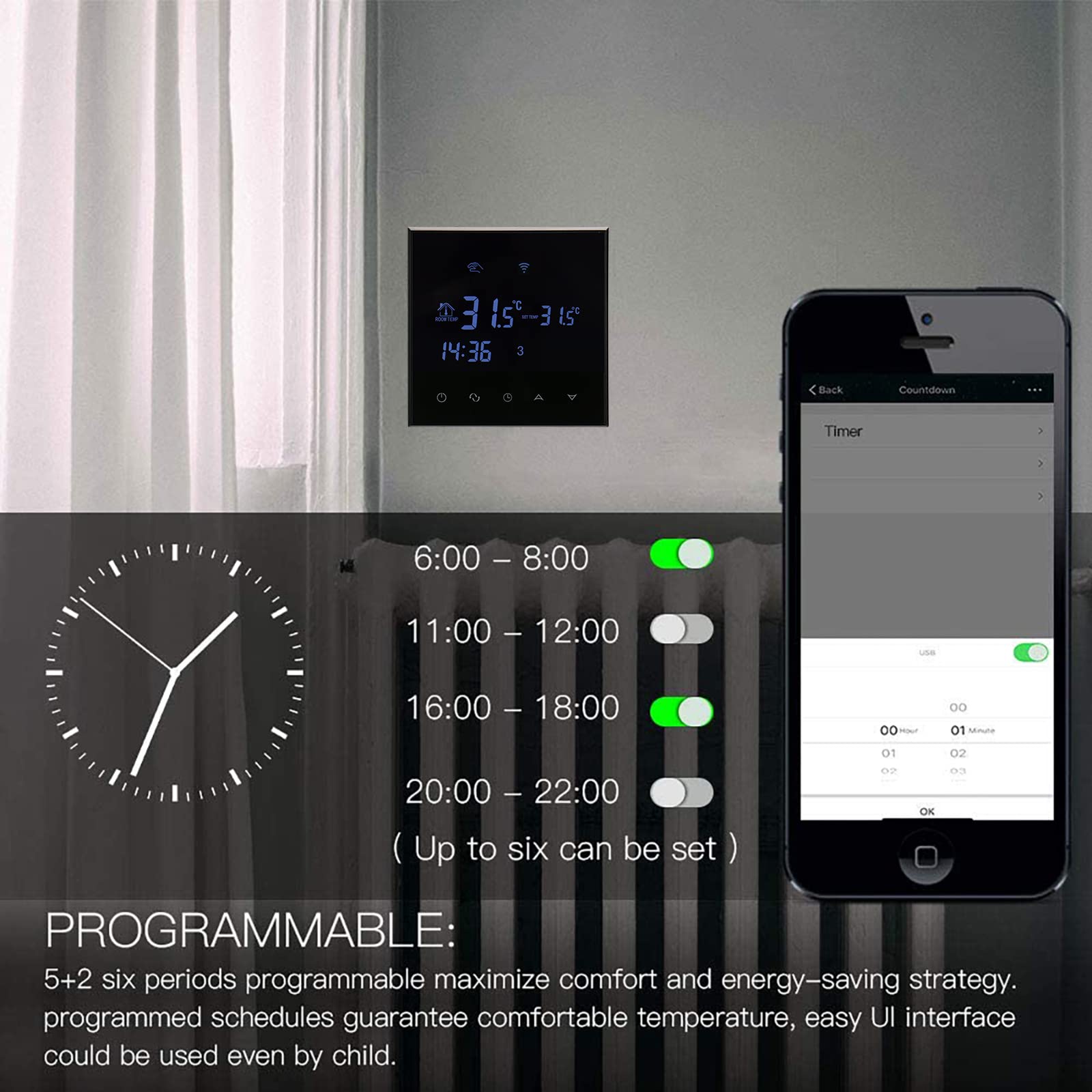 Wengart WiFi Smart Thermostat WG03,AC120V Max16Amp Heat Only 2.4GHz Wi-Fi APP TUYA for Electric Underfloor Heating with 3m Probe Sensor,Compatible with Alexa Echo/Google Home