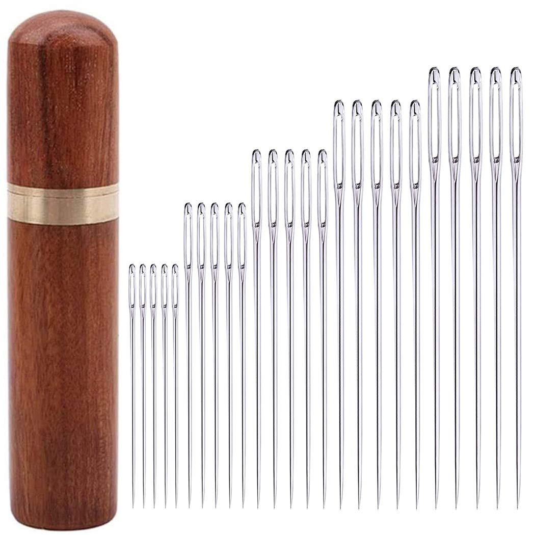 25Pieces Hand Sewing Big Eye Needles Sharp Needle,with Solid Wood Needle Case for