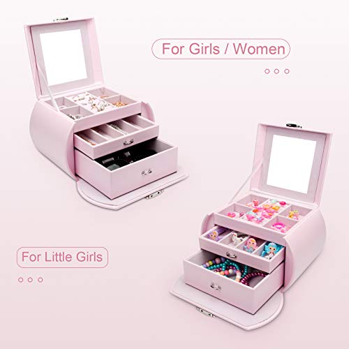Homde Girls Jewelry Box Pink Storage Case Organizer Faux Leather with Mirror