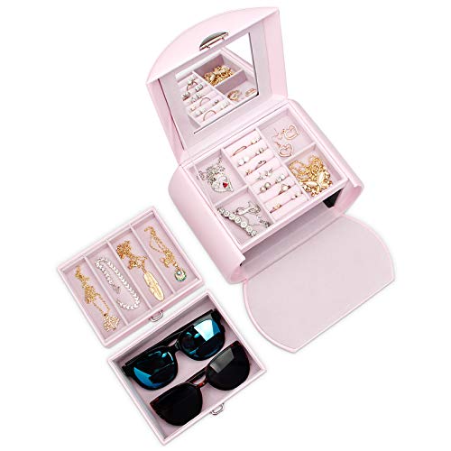 Homde Girls Jewelry Box Pink Storage Case Organizer Faux Leather with Mirror