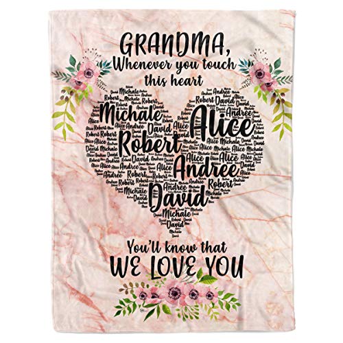 VTH GLOBAL Personalized Custom Grandma Grandkids Names Mothers Day Fleece Sherpa Throw Blankets Birthday Present for Nana Mimi Gigi Grandmother from Granddaughter Grandson (Pink Touch Heart)