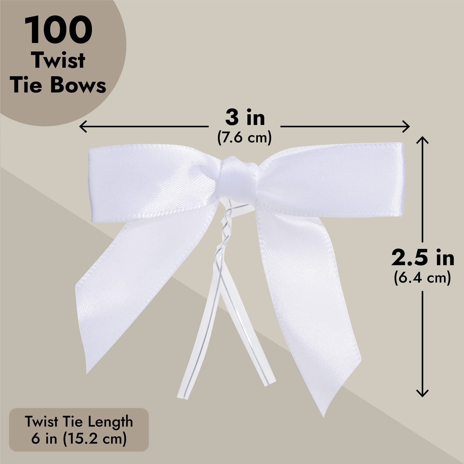 100 Pack White Twist Tie Bows for Crafts, Pre-Tied Satin Ribbon for Gift Wrap Bags, Party Favors, Baked Goods (2.5 x 3 in)