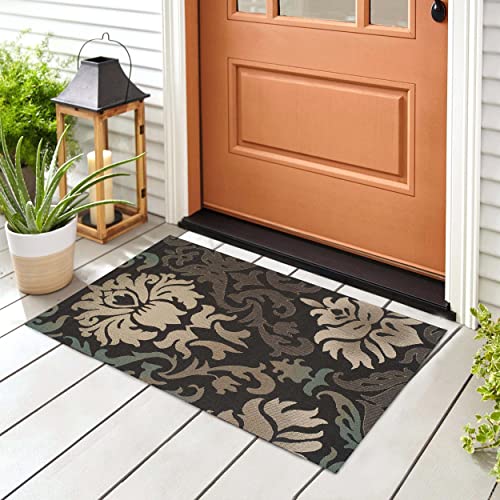 SUPERIOR Lowell Collection Indoor/Outdoor Damask Pattern Area Rug, Grey/Beige/Teal, 2' x 3'