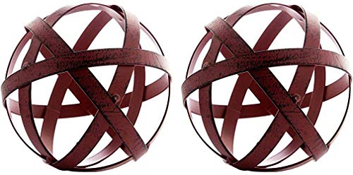 Everydecor Decorative Sphere Set of 2 - Distressed Red Metal Bands Sculpture - Modern Home Decor Accents - Tabletop Decorations for Living Room, Kitchen, Bedroom - Centerpiece for Side Coffee Tables