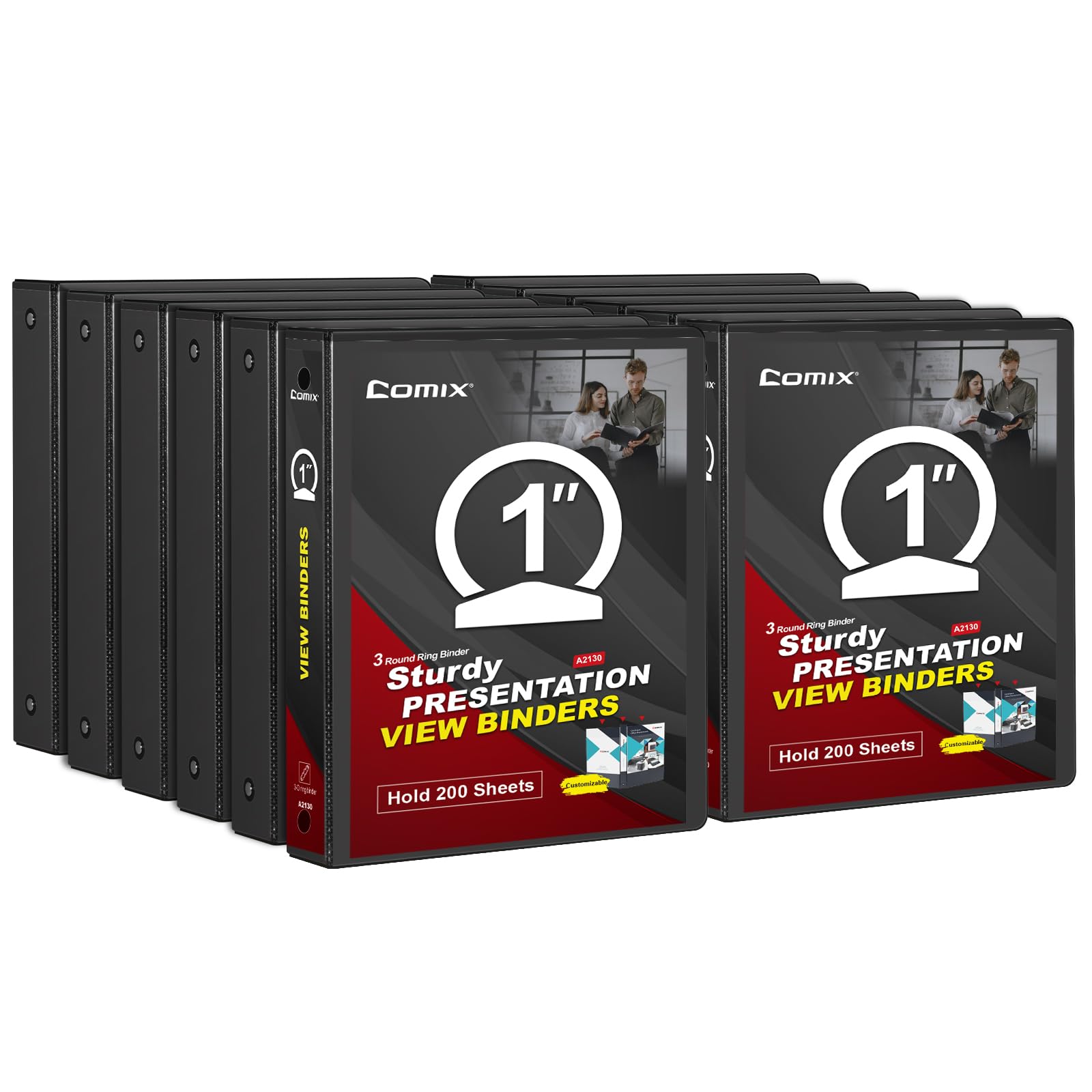 COMIX Sturdy 3 Ring Binder 1 inch with Clear View Cover, 1" Round Ring View Binder, PVC-Free, 200 Sheets Capacity of US Letter Size Paper, Office ＆ School Supplies, 12 Pack (Black)