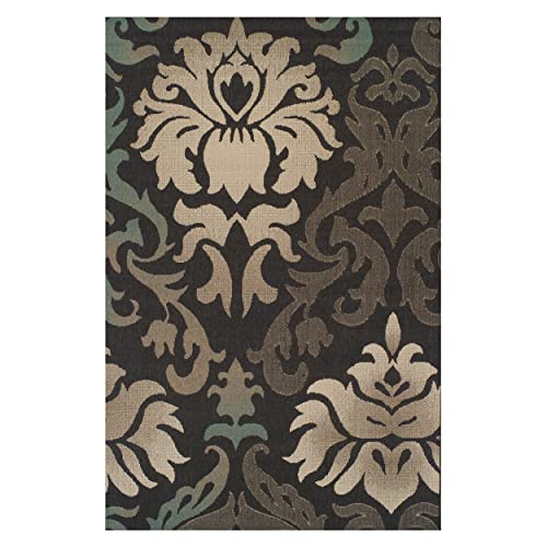 SUPERIOR Lowell Collection Indoor/Outdoor Damask Pattern Area Rug, Grey/Beige/Teal, 2' x 3'
