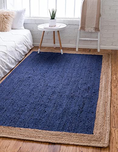 Unique Loom Braided Jute Collection Classic Quality Made Natural Hand Woven with Solid Color Detail, Area Rug, Rectangular 2' 0" x 3' 0", Navy Blue/Tan