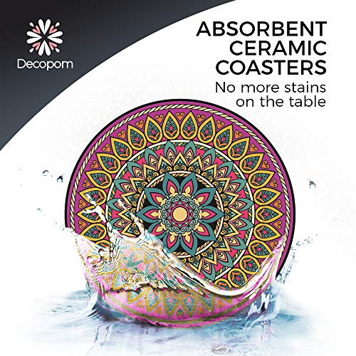 Decopom Drink Coasters Stone Mandala with Holders - 12 Pack Cute Cool Drink Coasters Absorbent Ceramic Round Edge with Cork Base and 2 Black Iron Holders for Apartment Table Bar Mugs Glasses Cup Beer