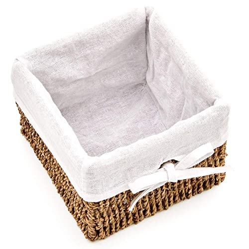 EZOWare Set of 4 Natural Woven Seagrass Wicker Storage Nest Baskets Organizer Container Bins with Liner - Brown (7 x 7 x 5.5 inches)
