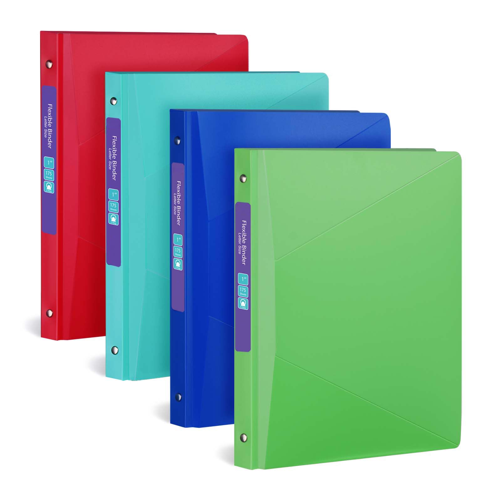 ViVin 1 inch 3 Ring Binder with Pockets, Flexible Round Ring Binder Holds 8.5 x 11 inch 175 Sheets for School, 4-Pack, Assorted Color(Red,Blue,Light Green,Lake Blue)