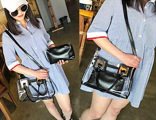 Rullar Women 2Pcs Small Clear Tote Set Beach Shoulder Top-handle Bag PVC Transparent Satchel Handbag Purse Black