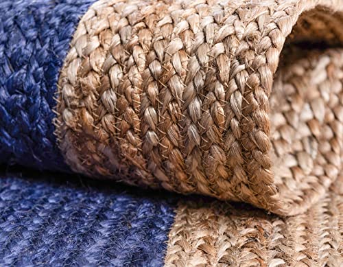 Unique Loom Braided Jute Collection Classic Quality Made Natural Hand Woven with Solid Color Detail, Area Rug, Rectangular 2' 0" x 3' 0", Navy Blue/Tan