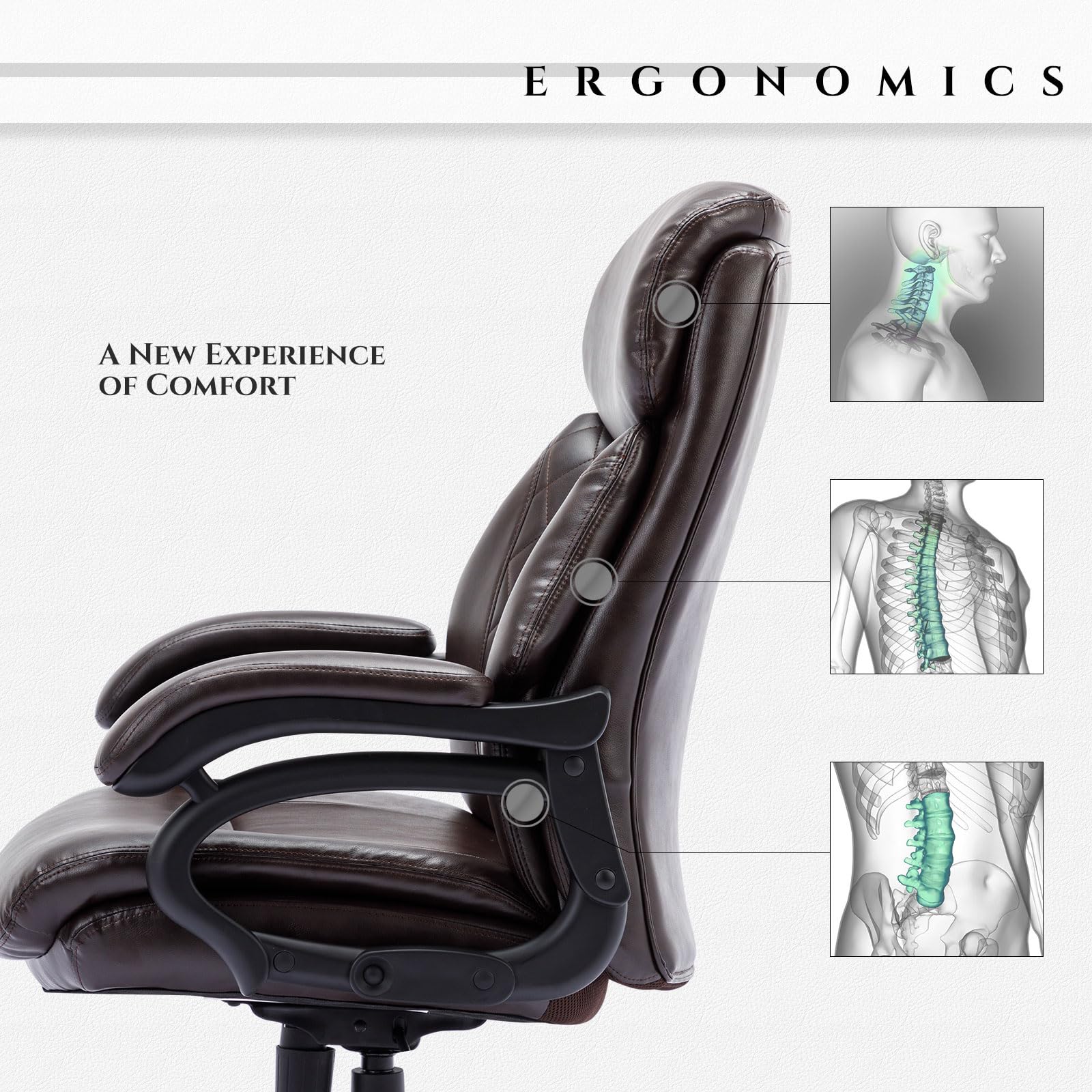 Big and Tall Office Chair 400lbs-Heavy Duty Executive Desk Chair with Extra Wide Seat, High Back Ergonomic Leather Computer Chair with Tilt Rock&Tension, Padded Armrests-Diamond Brown