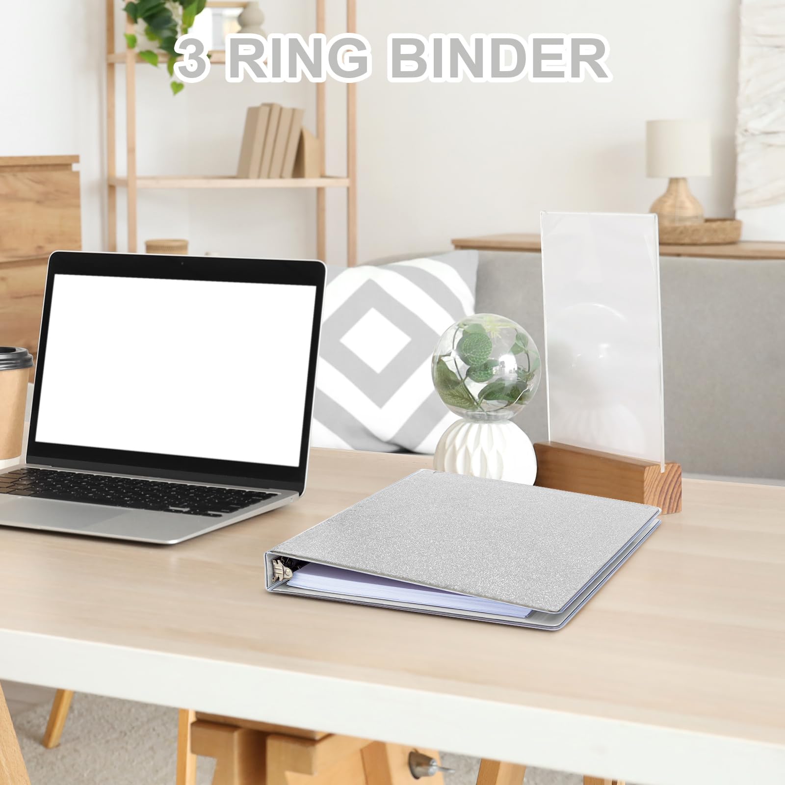 EYROZILL 1" Binder 3 Rings, Glitter Binder Holds 300 Sheets, Waterproof, 2 Pockets, Silver