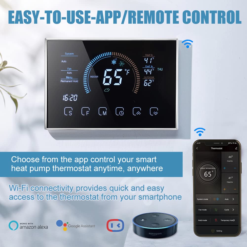 Programmable Smart Thermostat Compatible with Alexa Google Home,WiFi Thermostat no c Wire Needed(with C Wire Adapter) Thermostats for Home Heat and ac,24v (Black)