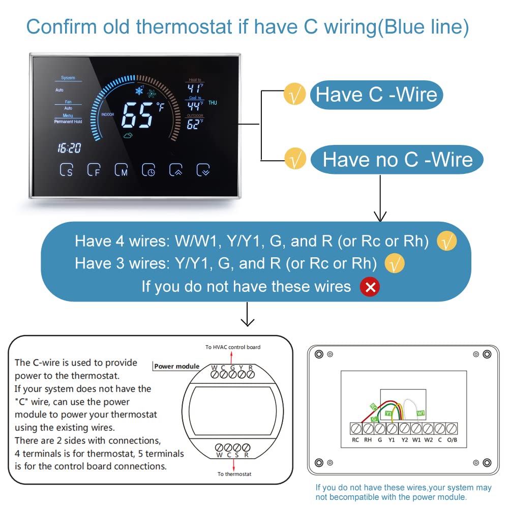 Programmable Smart Thermostat Compatible with Alexa Google Home,WiFi Thermostat no c Wire Needed(with C Wire Adapter) Thermostats for Home Heat and ac,24v (Black)