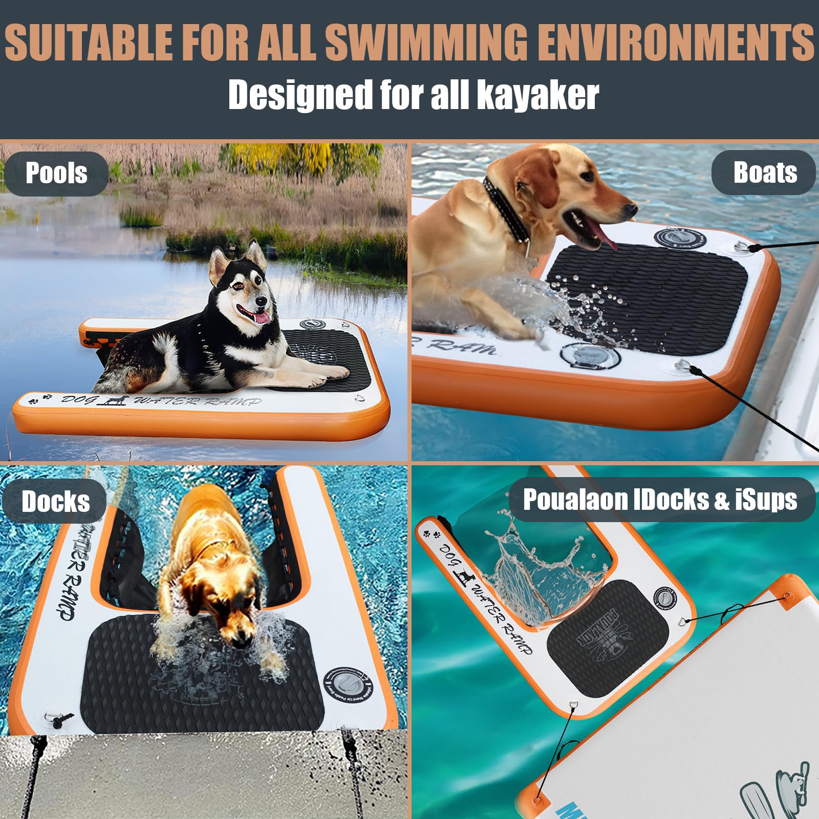 POUALAON Inflatable Dog Boat Ramp | Dog Water Ramp for Boat, Dock, & Pool | Dog On Water Ladder Steps | Safe & Easy Access for Dogs Up to 200 lbs | Large Steps & Sturdy Material