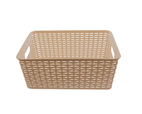 YBM Home Medium Plastic Rattan Storage Box Basket Organizer, Small - Beige - 1 Pack