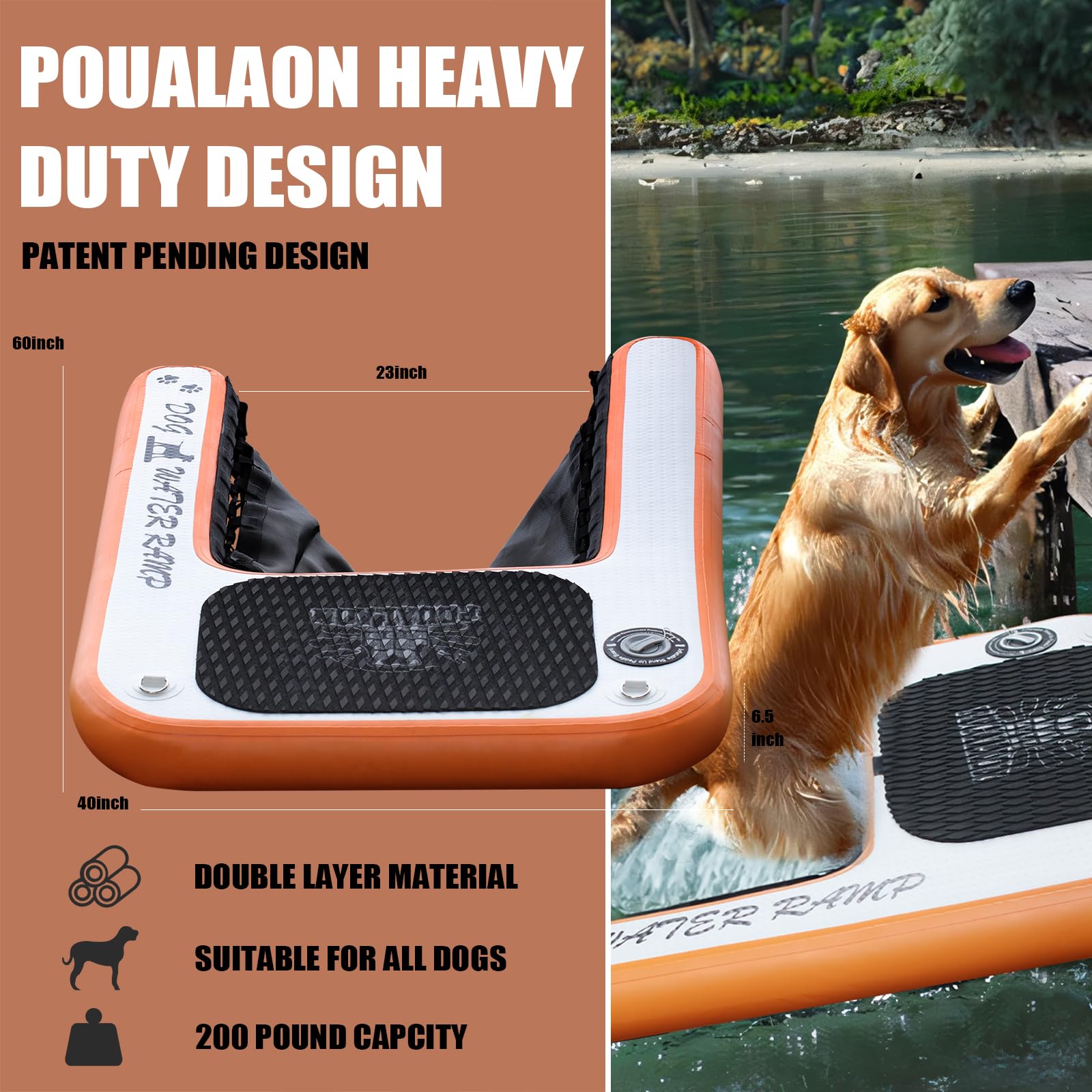 POUALAON Inflatable Dog Boat Ramp | Dog Water Ramp for Boat, Dock, & Pool | Dog On Water Ladder Steps | Safe & Easy Access for Dogs Up to 200 lbs | Large Steps & Sturdy Material