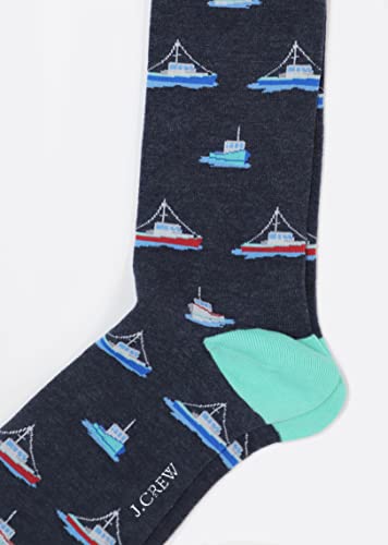 J.Crew Mercantile 1 Pair Men's Novelty Trouser Socks (Heather Navy Fishing Boat) One Size