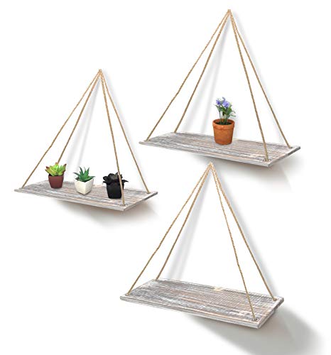 MtnGift Farmhouse Boho Rustic Rope Hanging Shelf - Floating Wooden Decorative Wall Swing Shelves (Set of 3)