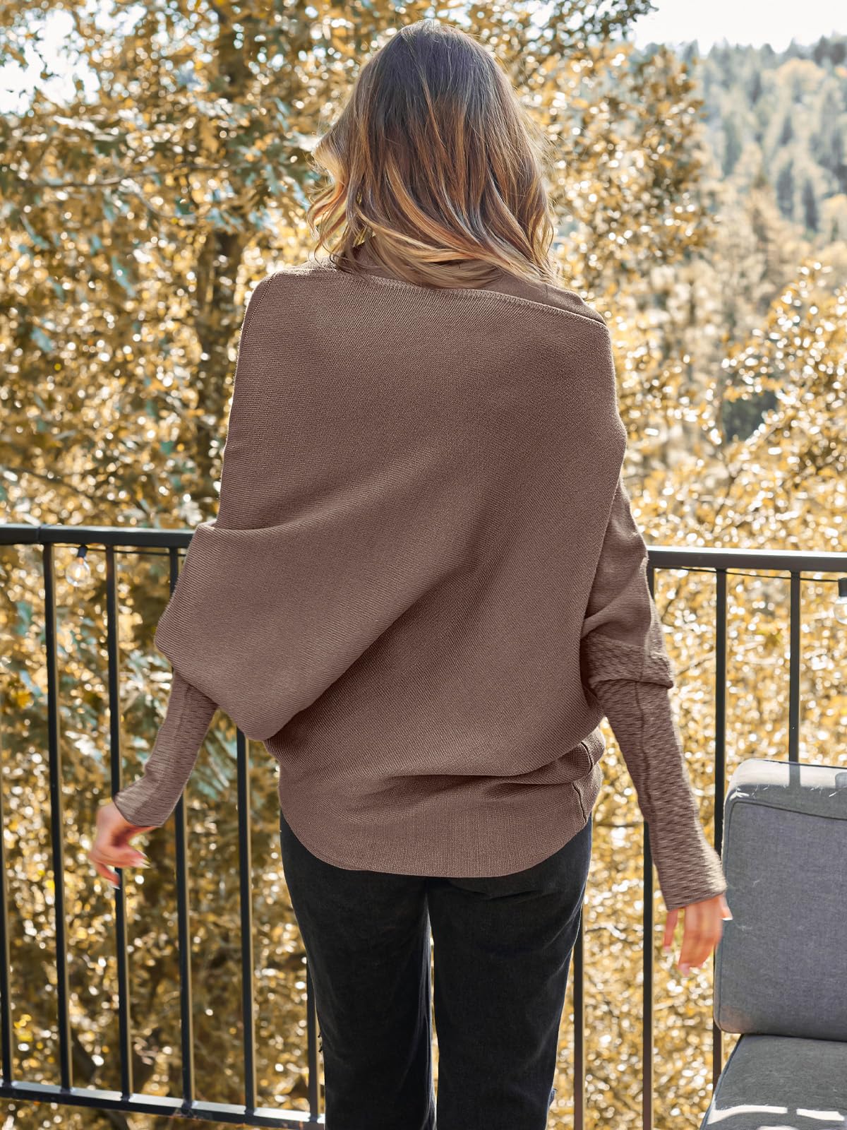 LILLUSORY Womens Batwing Oversized Sweaters Assymetrical Off The Shoulder Boat Neck Wrap Tunic Tops Fall Fashion Cloth Outfit Nutmeg Large