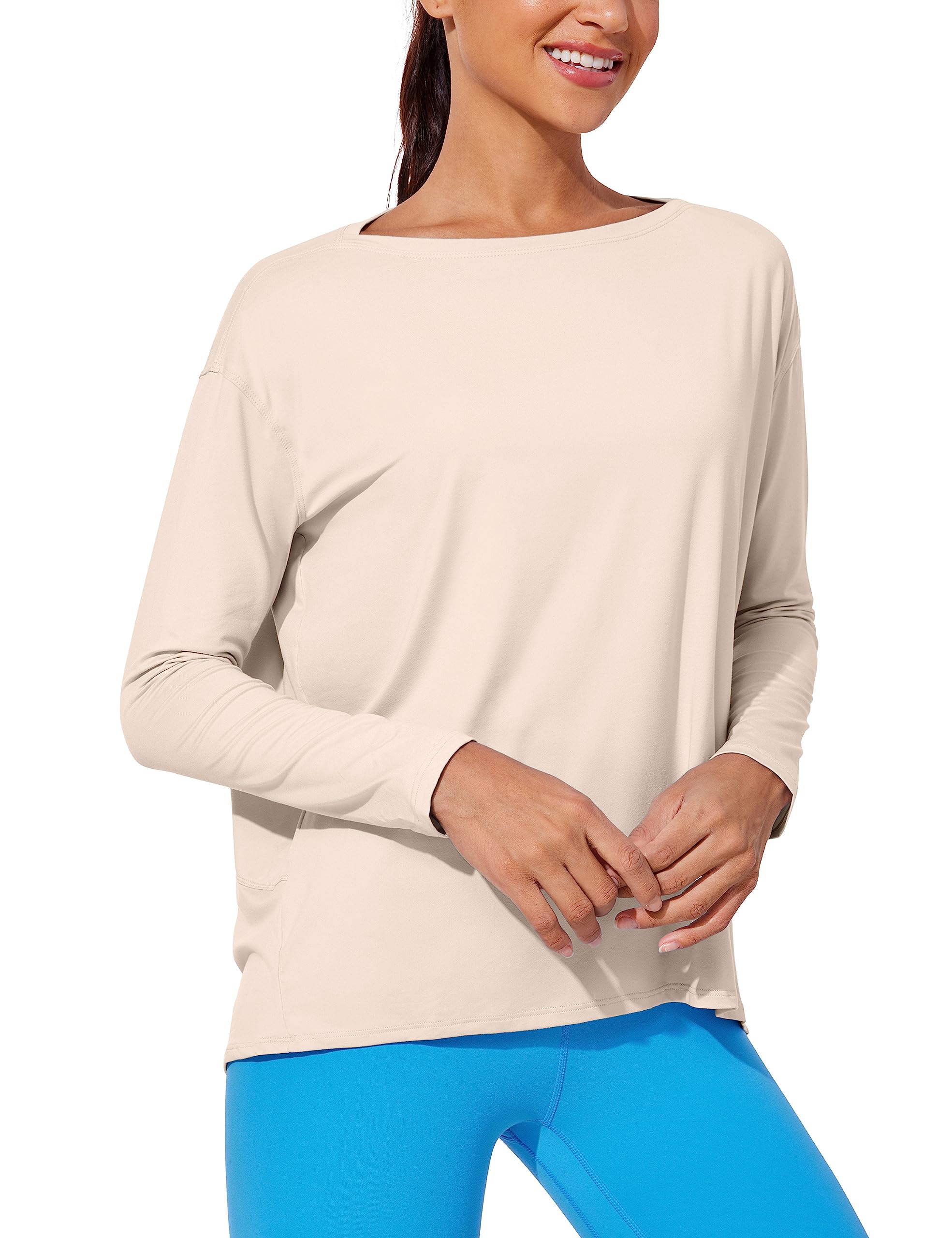 CRZ YOGA Womens UPF 50+ Lightweight Long Sleeve Workout Shirts Sun Protection Loose Quick Dry Hiking Tops Outdoor Fishing White Opal Large