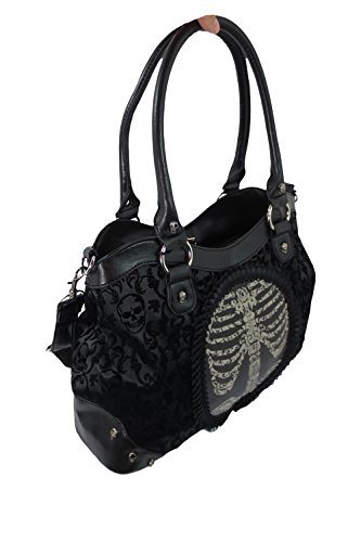 Lost Queen Black Goth Steampunk Flocked Ribcage Skeleton Cameo Handbag Shoulder Bag, Large