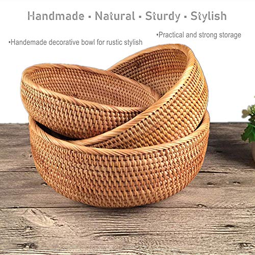 AMOLOLO Hadewoven Round Rattan Fruit Basket Wicker Food Tray Weaving Storage Holder Dinning Room Bowl, 10 Inch Woven Bread Basket Key Bowls with 4”Wall for Table, Countertop (Large 9.8")