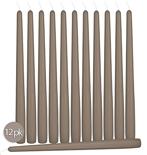 12 Pack Tall Taper Candles - 10 Inch Taupe Gray Dripless, Unscented Dinner Candle - Paraffin Wax with Cotton Wicks - 8 Hour Burn Time