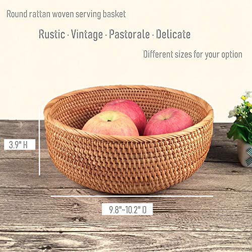 AMOLOLO Hadewoven Round Rattan Fruit Basket Wicker Food Tray Weaving Storage Holder Dinning Room Bowl, 10 Inch Woven Bread Basket Key Bowls with 4”Wall for Table, Countertop (Large 9.8")
