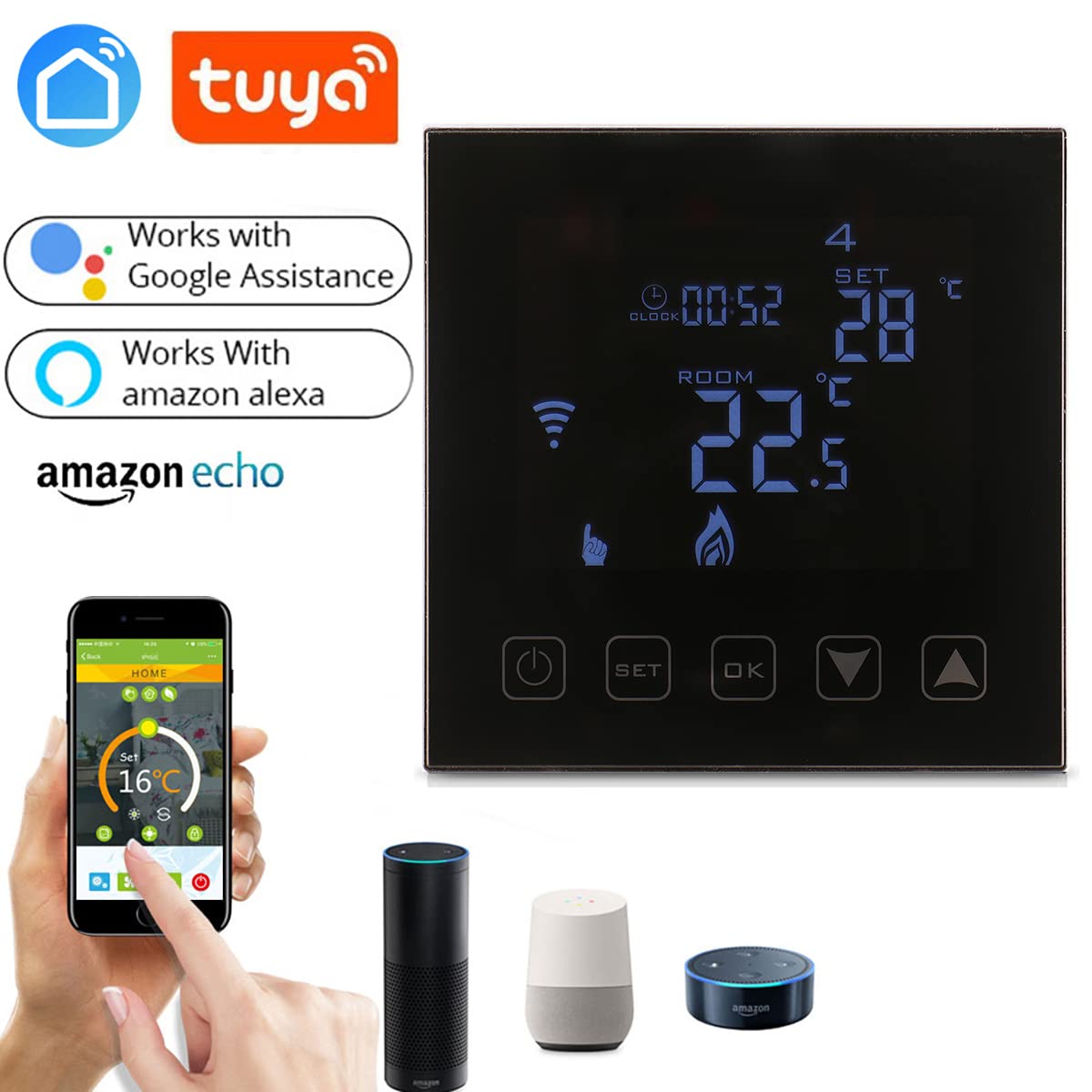 Wengart® WiFi Smart Thermostat WG603,Heat Only AC90-240V Max3A 2.4GHz Wi-Fi APP TUYA for Radiant Floor Heating,Compatible with Alexa Echo/Google Home Black