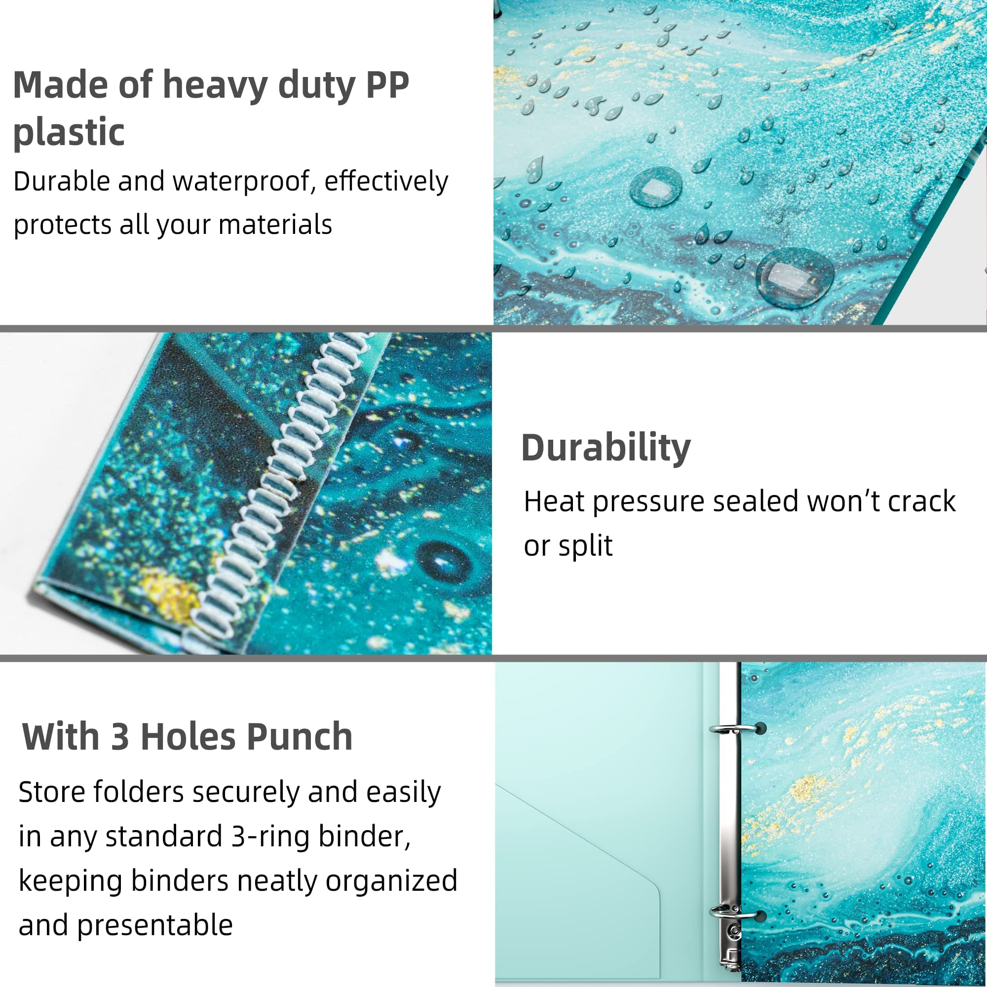 Ospelelf Folders with Pockets, Waterproof Plastic Folder with Two Fixed Corner Tabs and 2 Pockets Includes Business Card Slot, Includes Sticker, Fits 3 Ring Binder Holds 11" x 8.5", 6-Pack