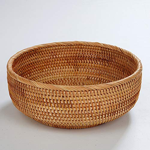 AMOLOLO Hadewoven Round Rattan Fruit Basket Wicker Food Tray Weaving Storage Holder Dinning Room Bowl, 10 Inch Woven Bread Basket Key Bowls with 4”Wall for Table, Countertop (Large 9.8")
