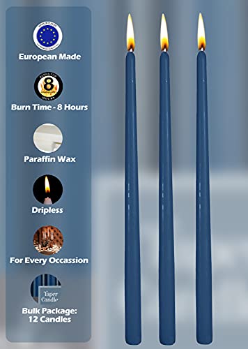 12 Pack Tall Taper Candles - 10 Inch Midnight Blue Dripless, Unscented Dinner Candle - Paraffin Wax with Cotton Wicks - 8 Hour Burn Time