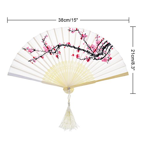 2 Pieces Folding Fans Handheld Fans Bamboo Fans with Tassel Women's Hollowed Bamboo Hand Holding Fans for Wall Decoration, Gifts (White Cherry)