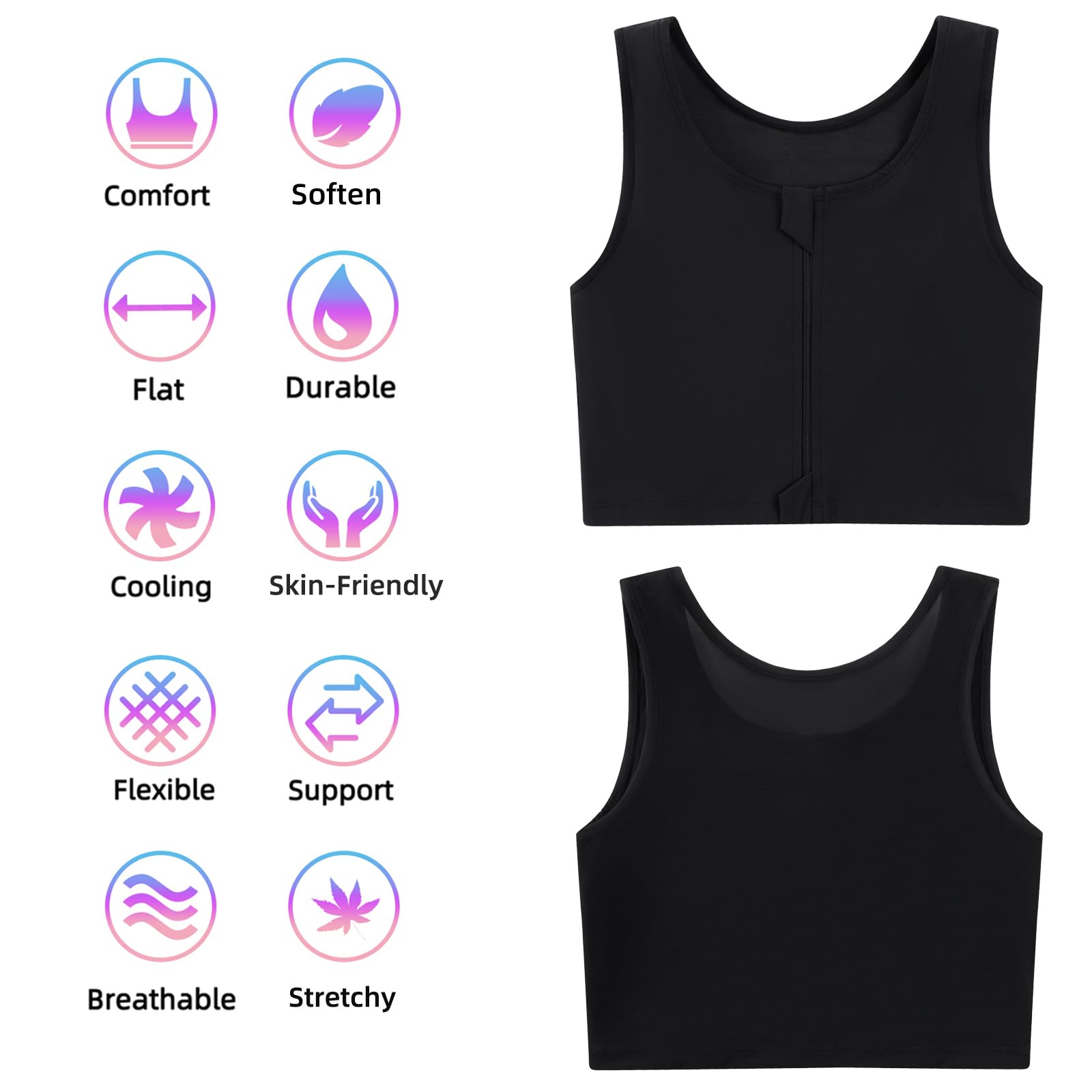 XUJI Women Transgender FTM Zip Up Breathable Half Chest Binder Tank Top (B, M)