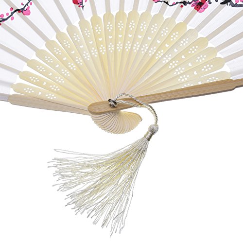 2 Pieces Folding Fans Handheld Fans Bamboo Fans with Tassel Women's Hollowed Bamboo Hand Holding Fans for Wall Decoration, Gifts (White Cherry)