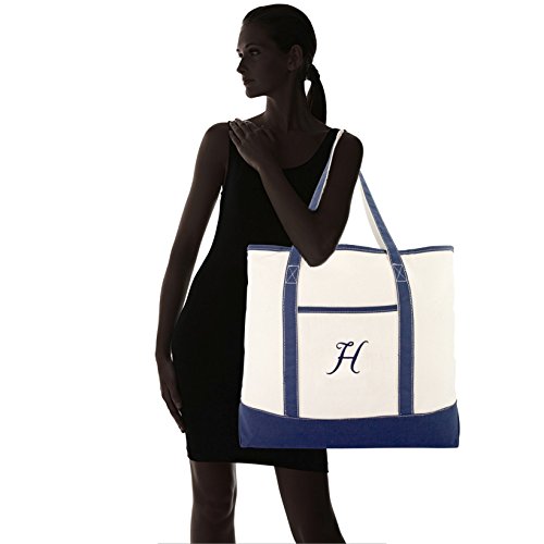 DALIX Personalized Tote Bag For Women Monogram Initial Open Top Navy Blue H