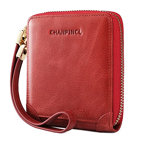 MANBANG RFID Wallets for women Genuine Leather Zipper Purses Secure Large Capacity Multi-card Wallets Clutch Travel Wristlet (Red)