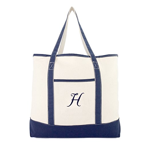 DALIX Personalized Tote Bag For Women Monogram Initial Open Top Navy Blue H