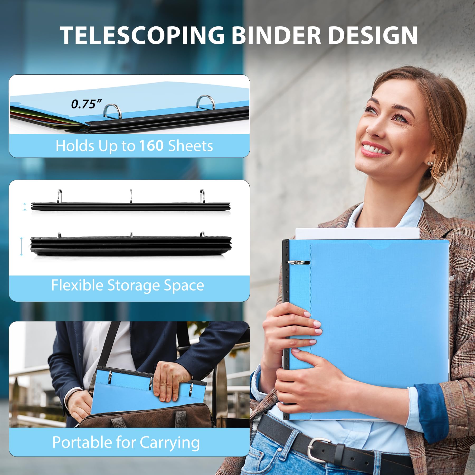 WOT I Telescoping 3 Ring Binder 4PCS, Flexible 3 Ring Binder with Expandable Spine+Customized Front Cover+Clear Catalog Pocket, 0.75 Inch Binder Holds 160 Sheets, 4 Bright Colors