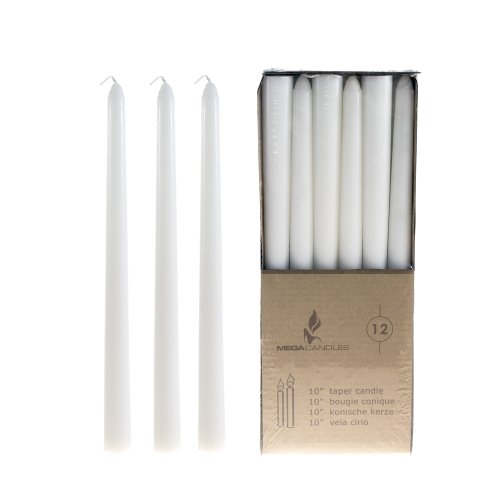 Mega Candles - Unscented 10" inch Taper Candles - White, Set of 12