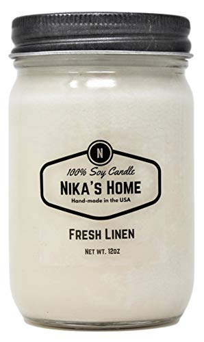 Nika's Home Fresh Linen Soy Candle 12oz Mason Jar Non-Toxic Natural White Soy Handmade, Long Burning 50-60 Hours Highly Scented All Natural, Clean Burning Candle Gift Décor